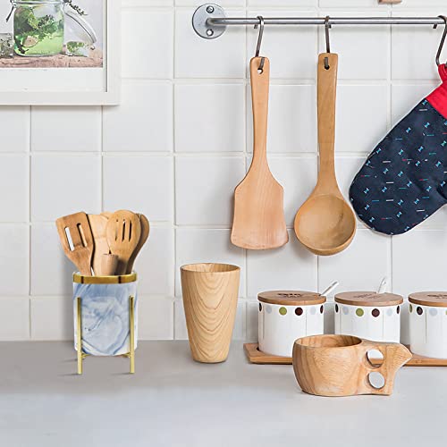Rotating Marble Utensil Holder for Kitchen Countertop, Spoon Holder for Dining Table, Marble Ceramics with Durable Metal Frame 3.15 * 4.7 inch Blue and Gold 2 PCS
