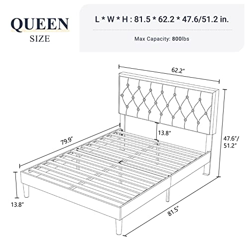 Allewie Queen Size Button Tufted Platform Bed Frame/Fabric Upholstered Bed Frame with Adjustable Headboard/Wood Slat Support/Mattress Foundation/Dark Grey (Queen)