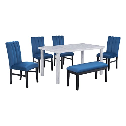 Goozio 6-Piece Dining Table Set with Marble Veneer Tabletop, 4 Flannelette Upholstered Chairs and 1 Bench for Kitchen, White+Blue, OneSize