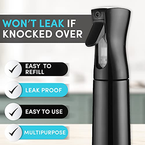 Hula Home Continuous Spray Bottle (10.1oz/300ml) Empty Ultra Fine Plastic Water Mist Sprayer – For Hairstyling, Cleaning, Salons, Plants, Essential Oil Scents & More - Black