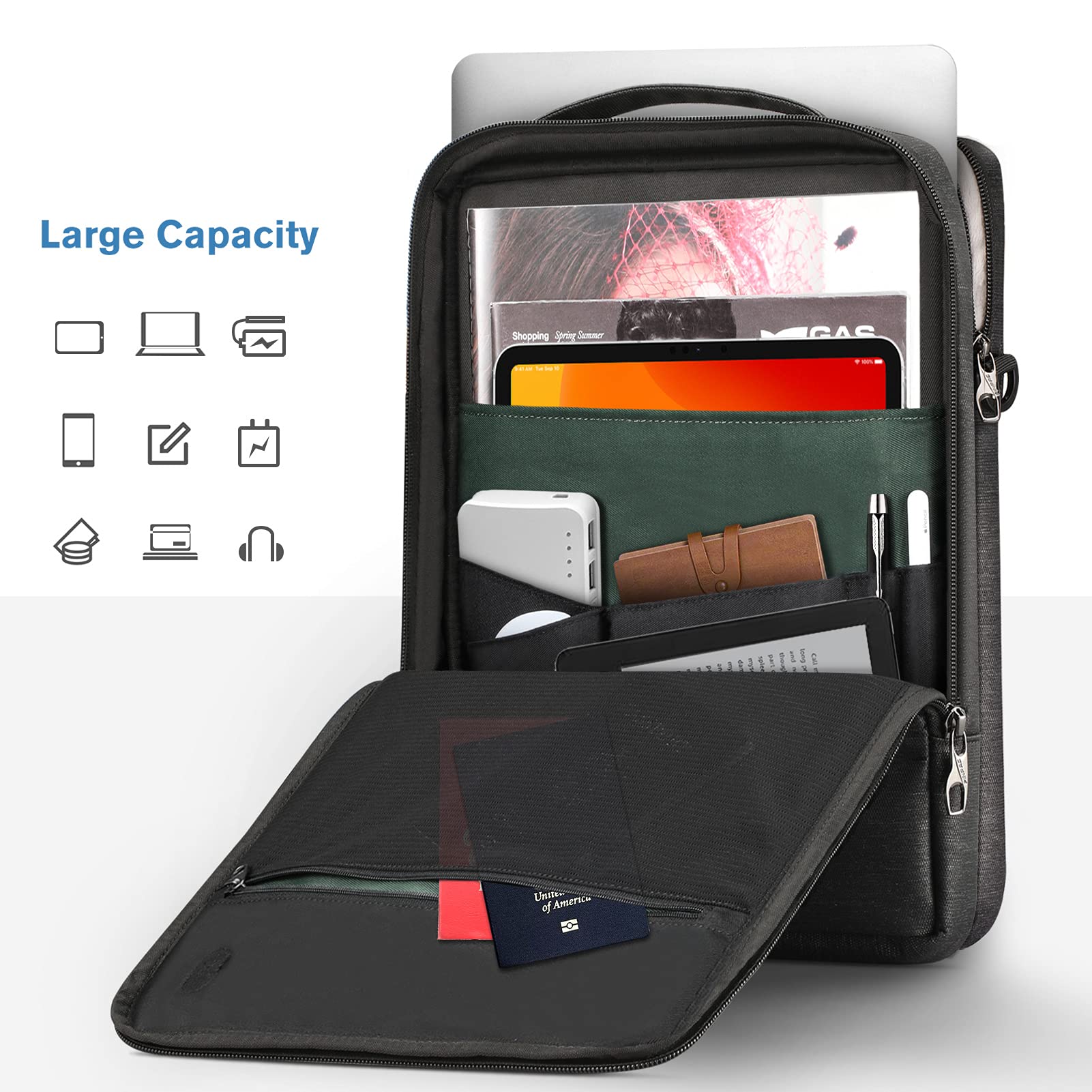 FINPAC 14-inch Laptop Shoulder Bag, Protective Computer Carrying Case Compatible with 15.3" MacBook Air M4/M3/M2, 15-16" MacBook Air/Pro, Surface Laptop/Book, 14" HP/Dell/Acer/Chromebook, Black