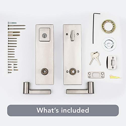 Baldwin Spyglass Single Cylinder Front Door Handleset Featuring SmartKey Security in Satin Nickel, Prestige Series with a Modern Contemporary Slim Door Handleset and Square Lever