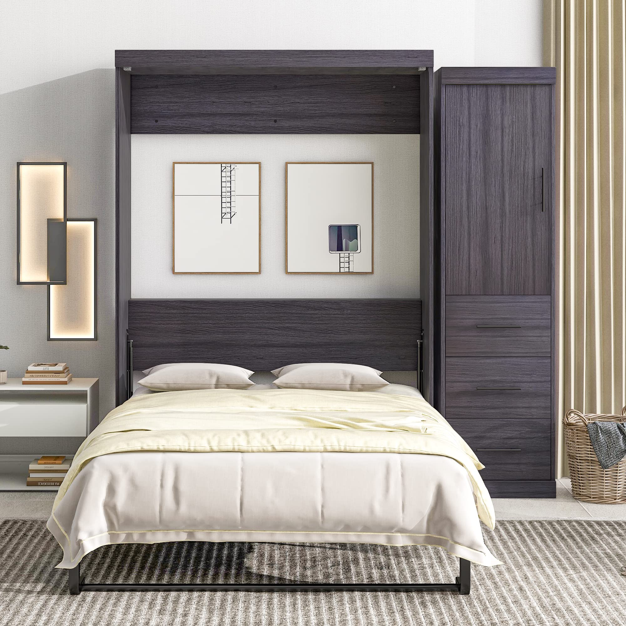 Harper & Bright Designs Murphy Bed Full with Wardrobe and Storage Drawers, Easy Fold Murphy Bed Cabinet, Modern Full Size Murphy Bed Wall Bed for Multipurpose Guest Room Home Office,Grey