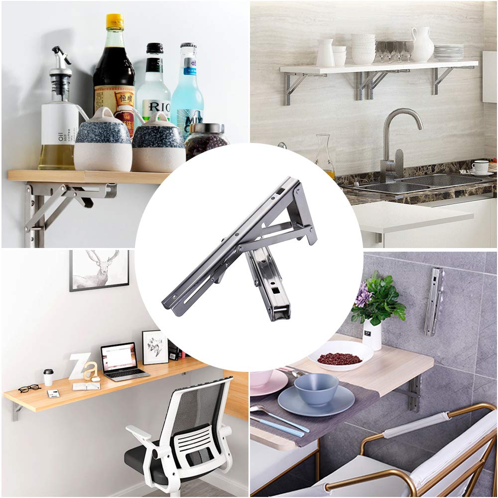 Storystore Folding Shelf Brackets - Heavy Duty Stainless Steel Collapsible Shelf Bracket for Bench Table, Space Saving DIY Bracket, Max Load: 550lb (Long :12” , 2 PCS)
