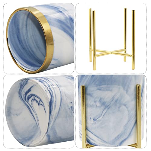Rotating Marble Utensil Holder for Kitchen Countertop, Spoon Holder for Dining Table, Marble Ceramics with Durable Metal Frame 3.15 * 4.7 inch Blue and Gold 2 PCS