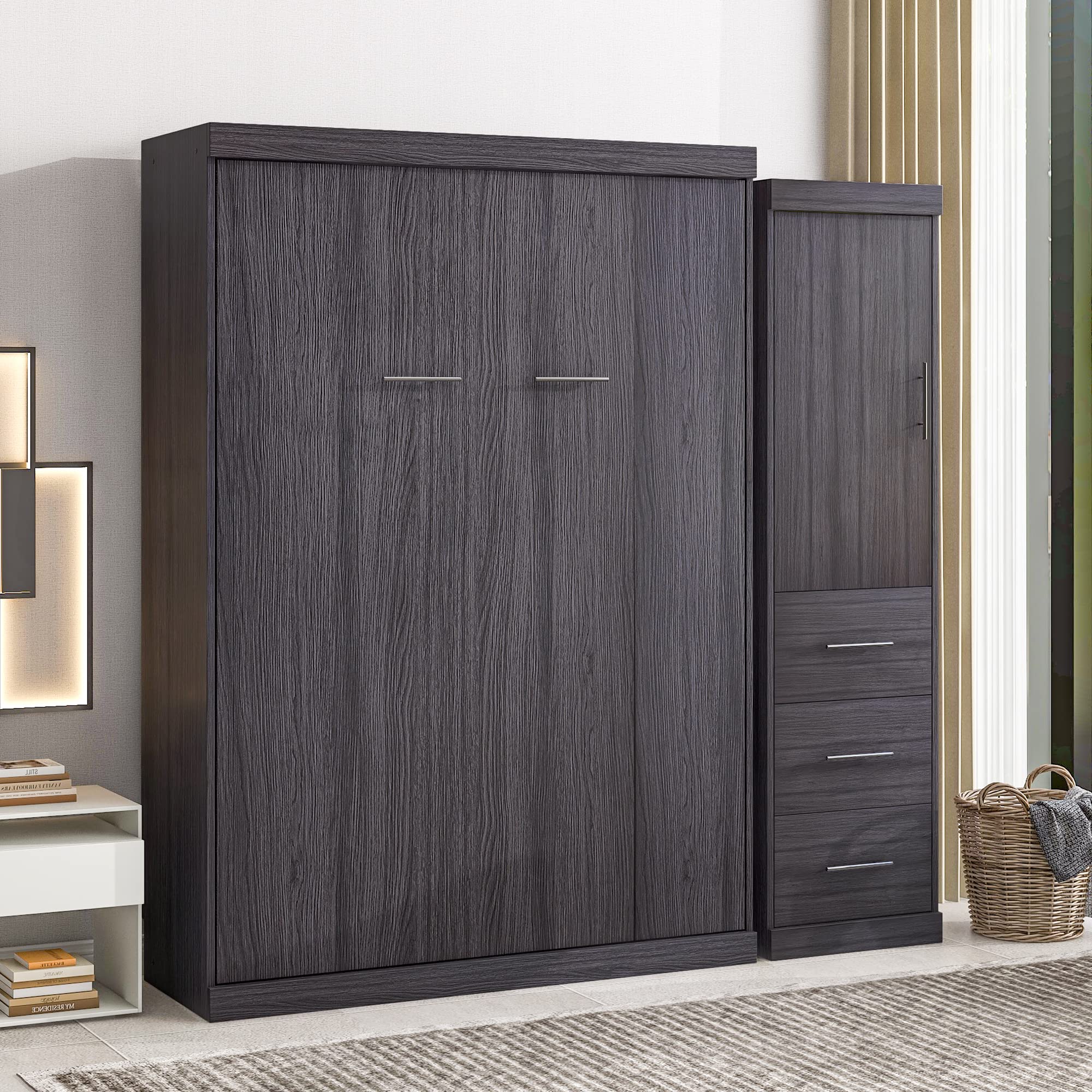 Harper & Bright Designs Murphy Bed Full with Wardrobe and Storage Drawers, Easy Fold Murphy Bed Cabinet, Modern Full Size Murphy Bed Wall Bed for Multipurpose Guest Room Home Office,Grey