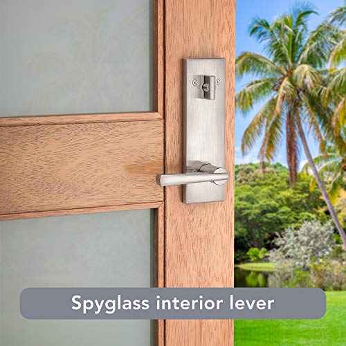 Baldwin Spyglass Single Cylinder Front Door Handleset Featuring SmartKey Security in Satin Nickel, Prestige Series with a Modern Contemporary Slim Door Handleset and Square Lever