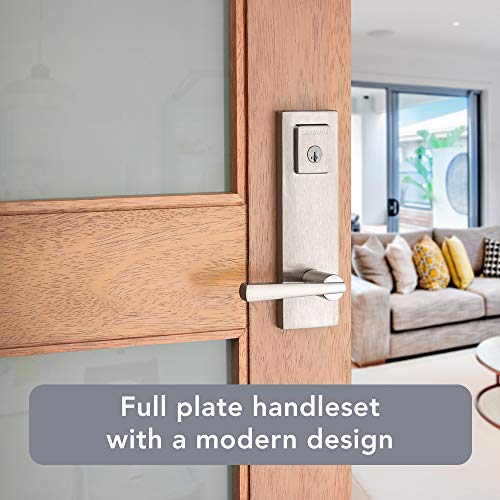 Baldwin Spyglass Single Cylinder Front Door Handleset Featuring SmartKey Security in Satin Nickel, Prestige Series with a Modern Contemporary Slim Door Handleset and Square Lever