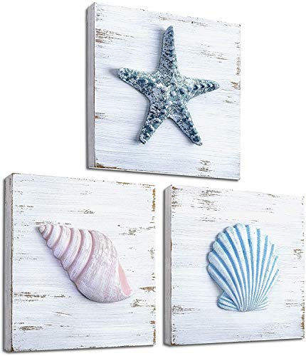 TideAndTales 3D Seashell Art - Set of 3, 6”x6” Beach Wall Decor for Bathroom, Hand-Painted Rustic Shells and Starfish, Ocean Theme Coastal Decorations for Home or Beach House