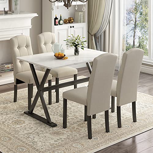 WOZNLA 5-Piece 4,Kitchen and Dining Room Set Table Top and Upholstered Chairs, Faux Marble White+Beige