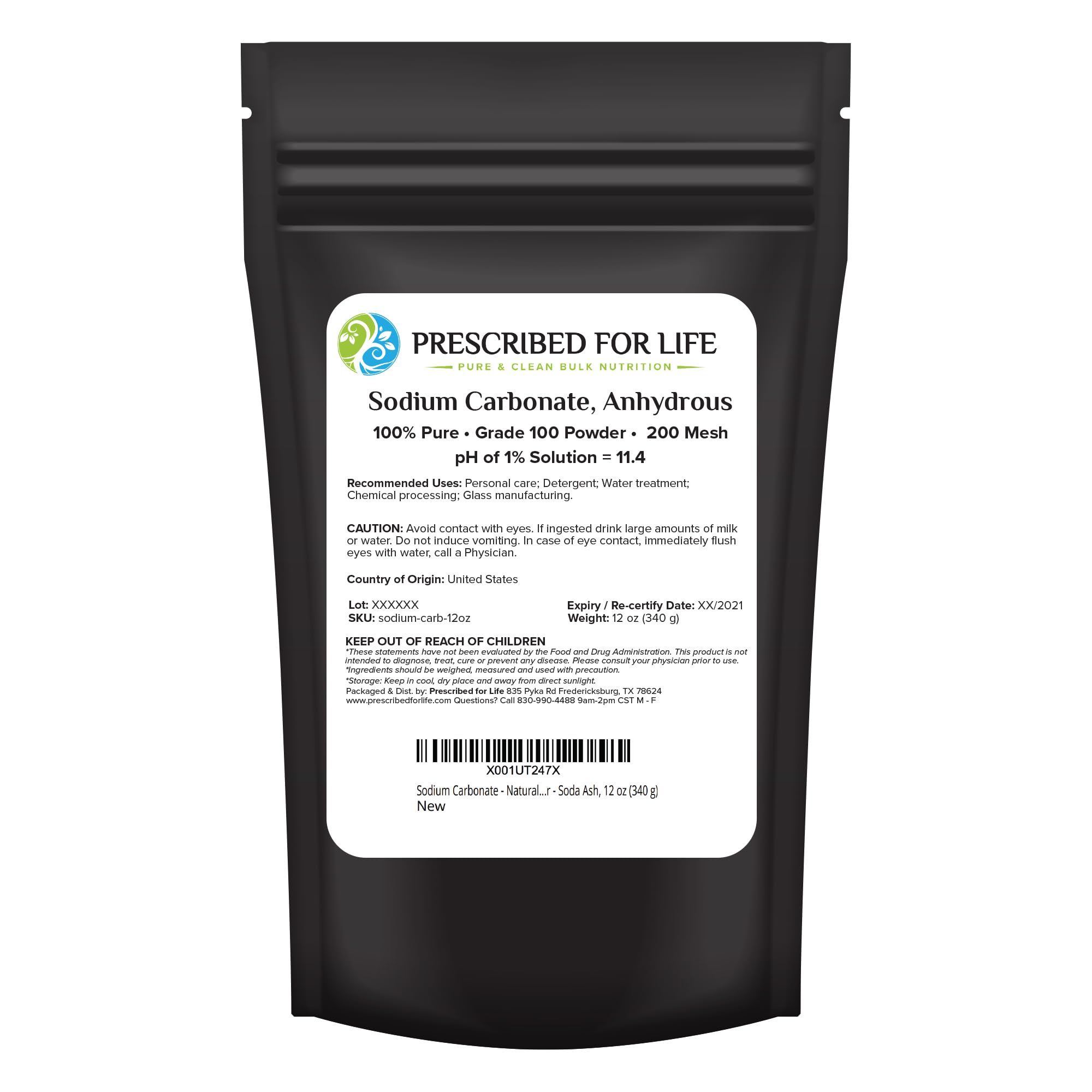 Prescribe For Life Sodium Carbonate Powder, Natural Grade 100 Anhydrous Powder, Soda Ash, Washing Soda for Laundry (12oz / 340g)