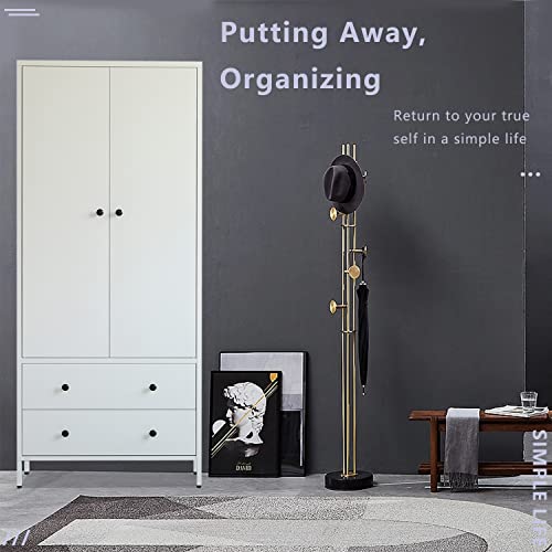 Besfur Steel Storage Wardrobe Cabinet - Metal Wardrobe Armoire Closet with Adjustable Hanging Rod & Two Drawers for Bedroom, Laundry Room (White)