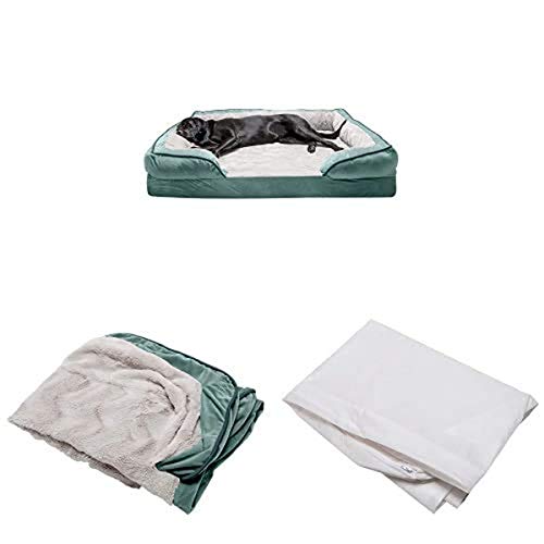 Furhaven Pet Bundle - Jumbo Plus Celadon Green Cooling Gel Memory Foam Plush & Velvet Waves Perfect Comfort Sofa, Extra Dog Bed Cover, & Water-Resistant Mattress Liner for Dogs & Cats