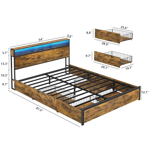 Furnideco Full Bed Frame with Bookcase Headboard and 4 Storage Drawers, Metal Platform Bed Frame with LED Light, Mattress Foundation with Metal Slats Support, No Box Spring Needed