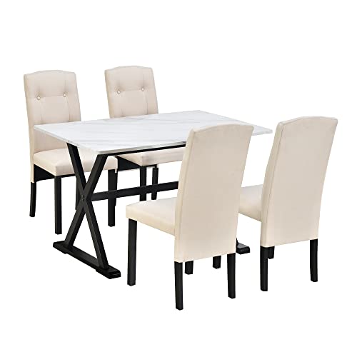 WOZNLA 5-Piece 4,Kitchen and Dining Room Set Table Top and Upholstered Chairs, Faux Marble White+Beige