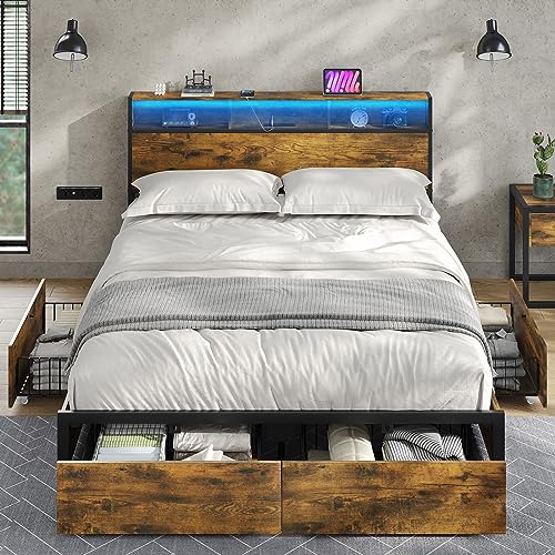 Furnideco Full Bed Frame with Bookcase Headboard and 4 Storage Drawers, Metal Platform Bed Frame with LED Light, Mattress Foundation with Metal Slats Support, No Box Spring Needed