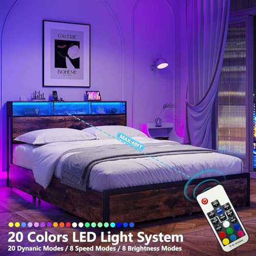 Furnideco Full Bed Frame with Bookcase Headboard and 4 Storage Drawers, Metal Platform Bed Frame with LED Light, Mattress Foundation with Metal Slats Support, No Box Spring Needed