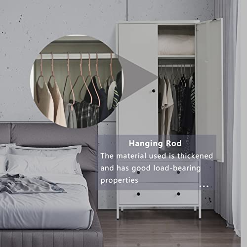 Besfur Steel Storage Wardrobe Cabinet - Metal Wardrobe Armoire Closet with Adjustable Hanging Rod & Two Drawers for Bedroom, Laundry Room (White)