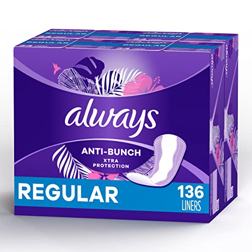 Always Anti-Bunch Xtra Protection, Panty Liners for Women, Regular, Unscented, 136 Count