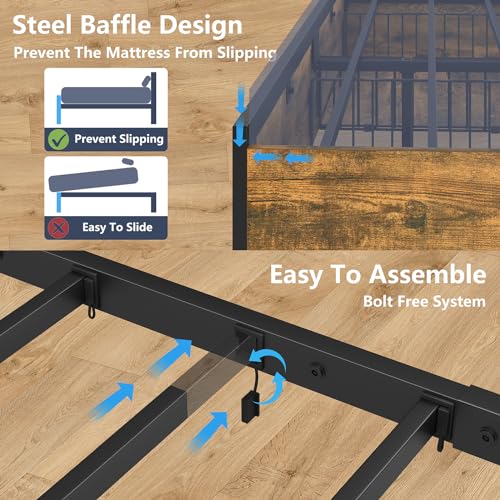 Furnideco Full Bed Frame with Bookcase Headboard and 4 Storage Drawers, Metal Platform Bed Frame with LED Light, Mattress Foundation with Metal Slats Support, No Box Spring Needed