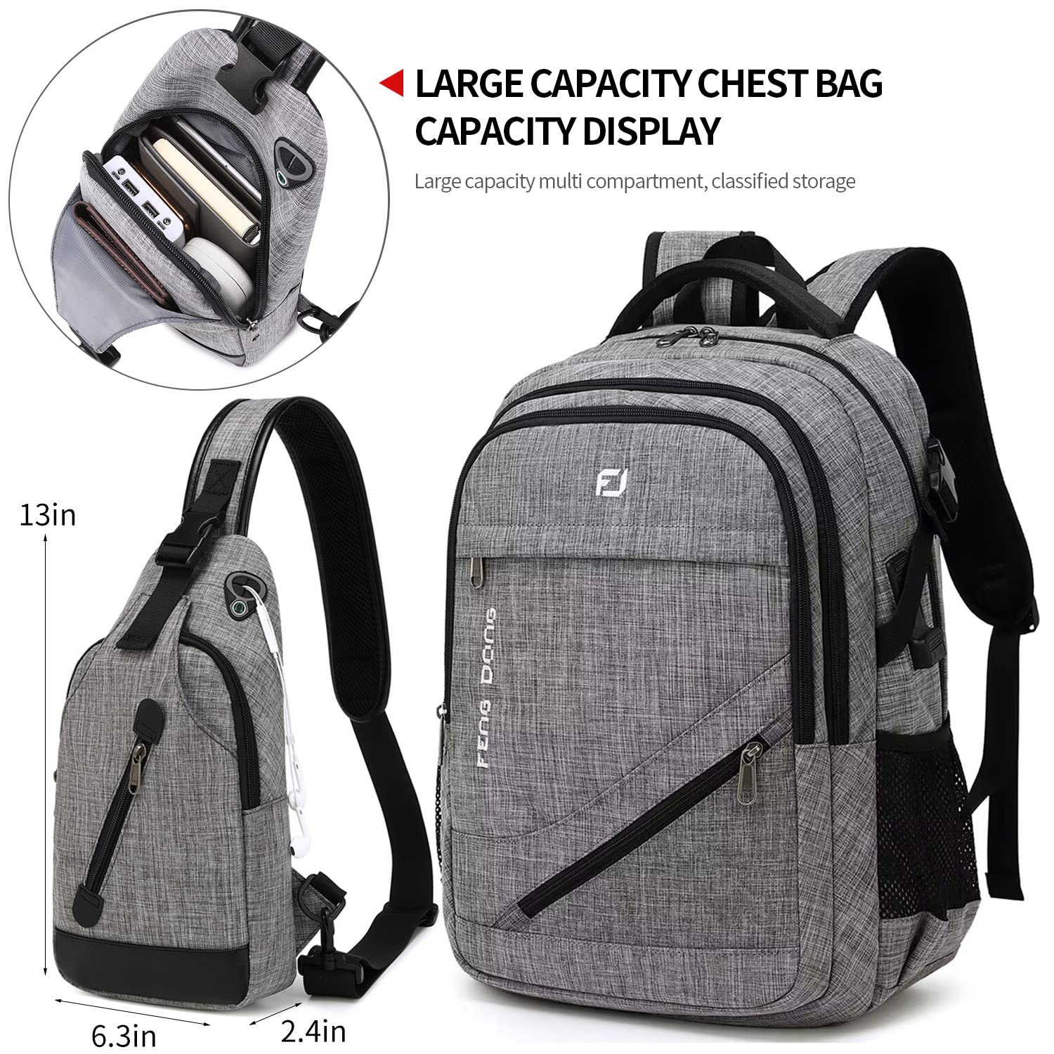FENGDONG Large Laptop Backpack 17.3 inch Waterproof Travel College Backpack Bookbag,Crossbody Sling Bags for Men & Women Business Backpack Dark Gray