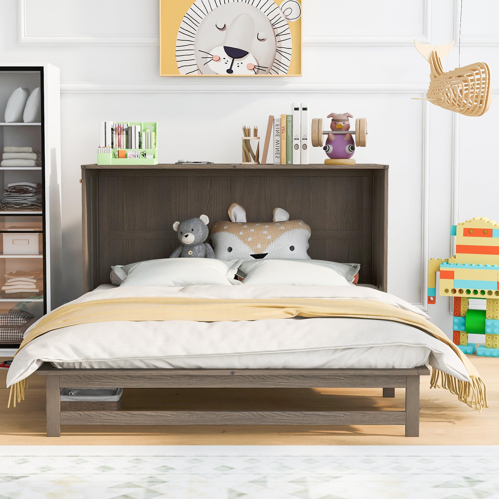 Harper & Bright Designs Murphy Bed Queen Size with Storage Drawer, Solid Pine Murphy Bed Frame with Charging Station, Modern Murphy Bed Cabinet for Guest Room Home Office, Antique Gray