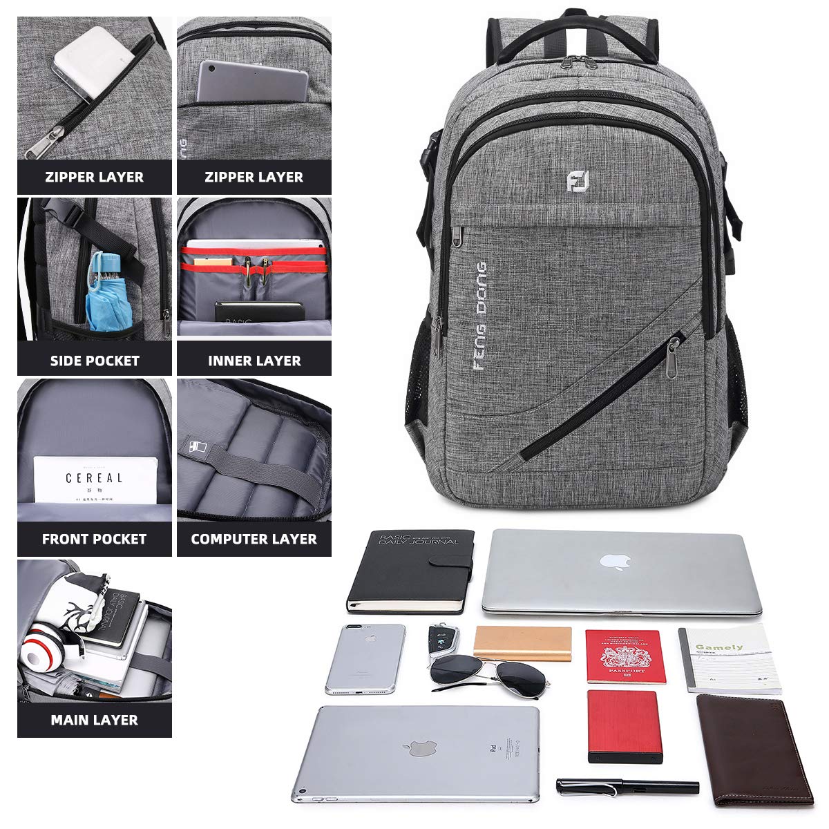 FENGDONG Large Laptop Backpack 17.3 inch Waterproof Travel College Backpack Bookbag,Crossbody Sling Bags for Men & Women Business Backpack Dark Gray