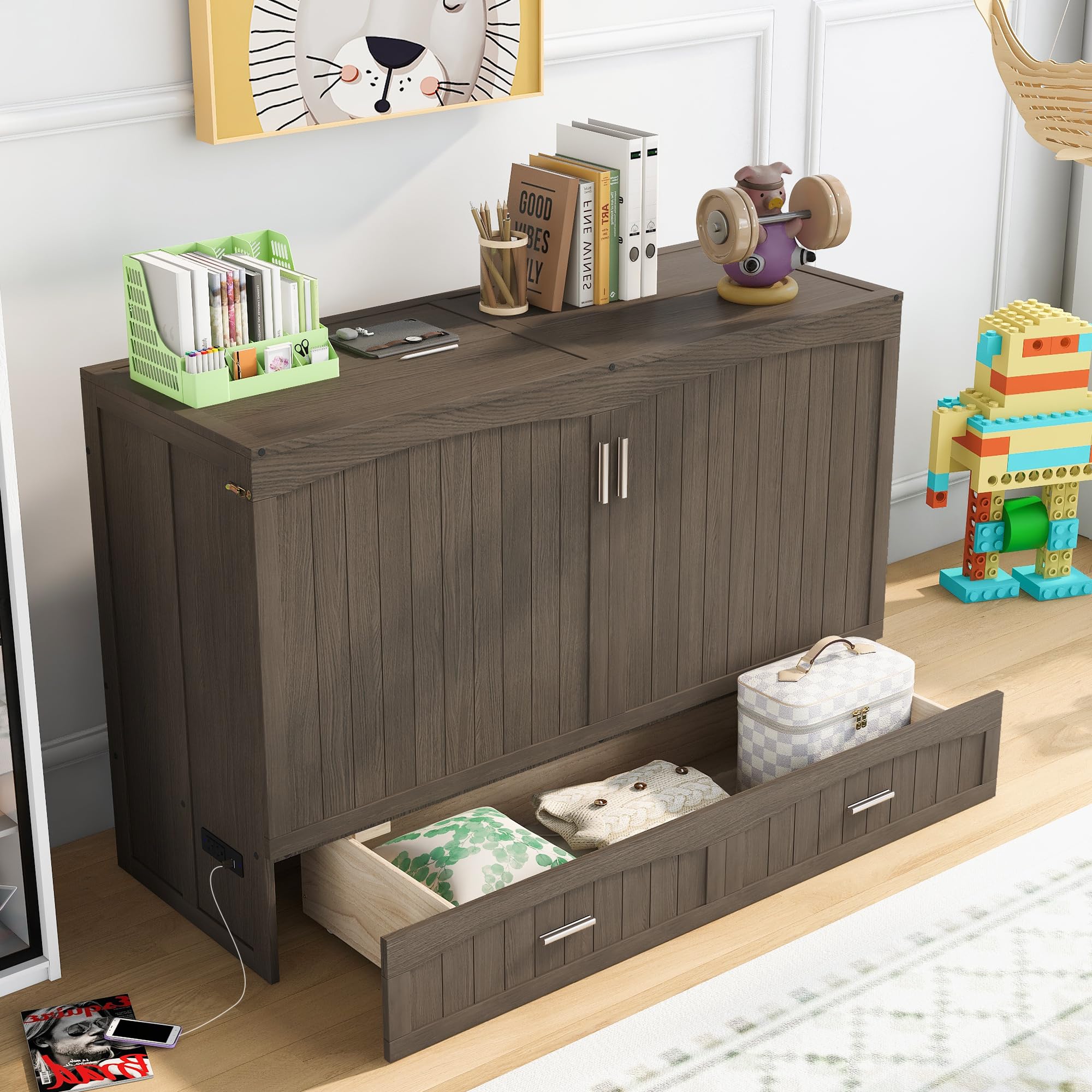 Harper & Bright Designs Murphy Bed Queen Size with Storage Drawer, Solid Pine Murphy Bed Frame with Charging Station, Modern Murphy Bed Cabinet for Guest Room Home Office, Antique Gray