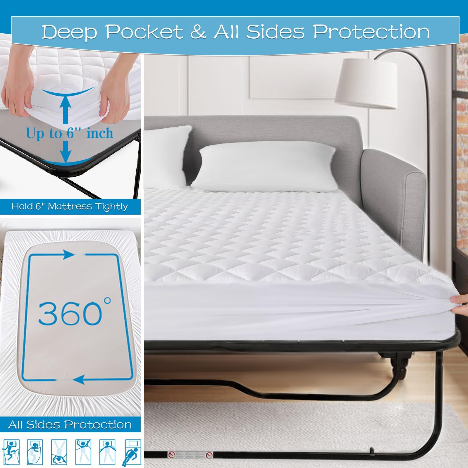 GRT Waterproof Sofa Bed Mattress Pad - 100% Waterproof Queen Sleeper Sofa Mattress Protector Quilted, Machine Washable Breathable Noiseless Sofa Mattress Topper Cover, Queen 60x72, White