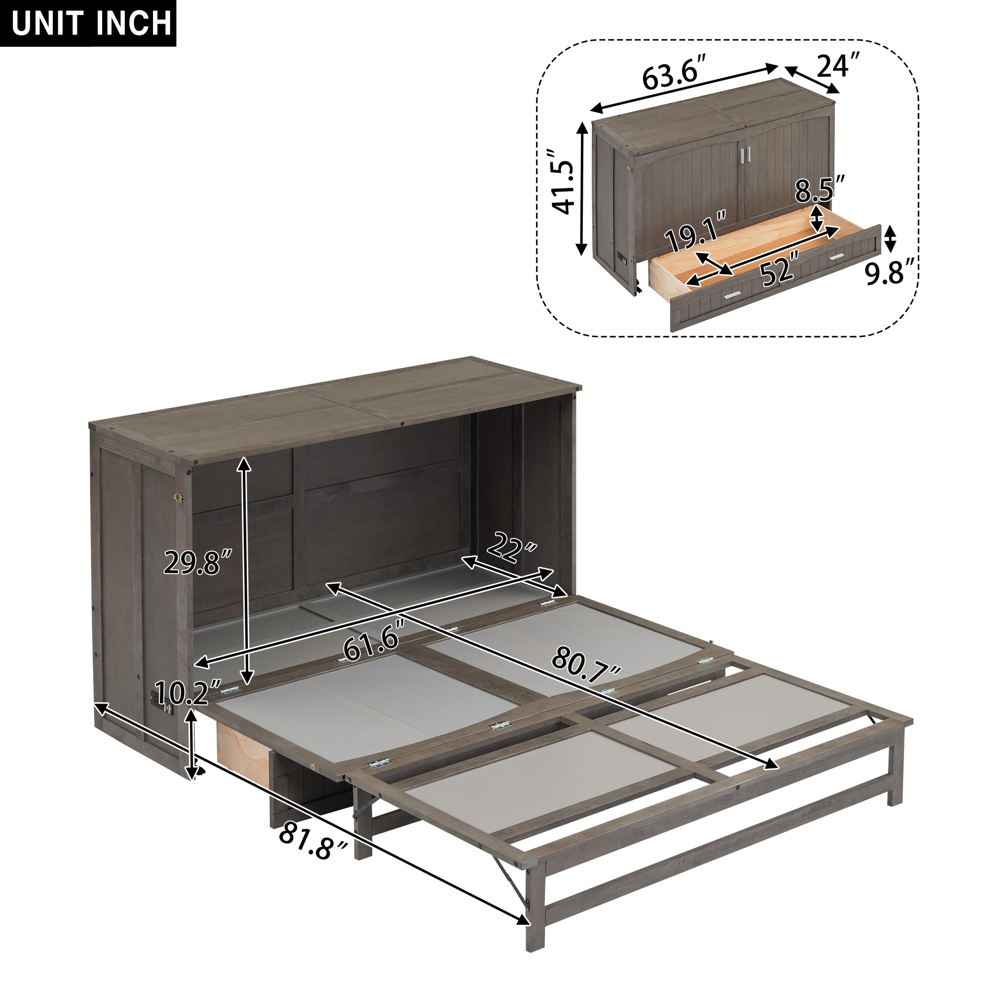 Harper & Bright Designs Murphy Bed Queen Size with Storage Drawer, Solid Pine Murphy Bed Frame with Charging Station, Modern Murphy Bed Cabinet for Guest Room Home Office, Antique Gray