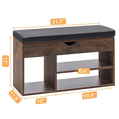 APICIZON Shoe Storage Bench, Entryway Bench with Flip Top Storage Space and Padded Cushion,Wooden Shoe Bench for Entryway, 2-Tier Shoe Rack Organizer for Entryway and Hallway, Brown