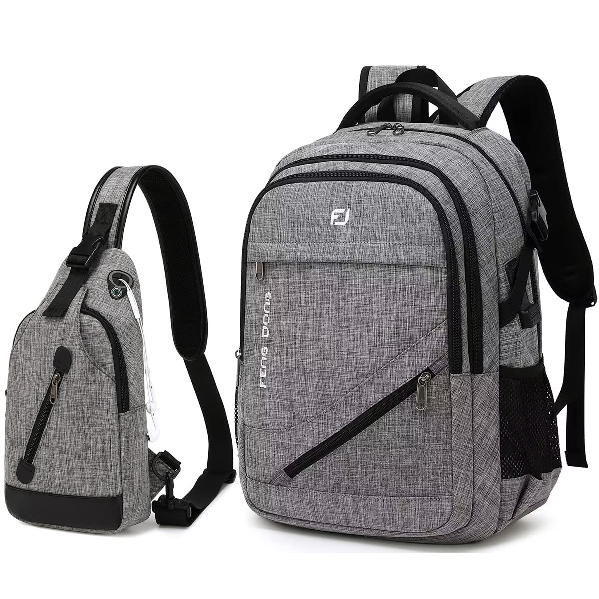 FENGDONG Large Laptop Backpack 17.3 inch Waterproof Travel College Backpack Bookbag,Crossbody Sling Bags for Men & Women Business Backpack Dark Gray