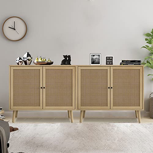 QHITTY Rattan Sideboard Buffet Cabinet, Accent Kitchen Storage Cabinet Console Table with Adjustable Shelves for Living Room, Dining Room, Bedroom (Natural)