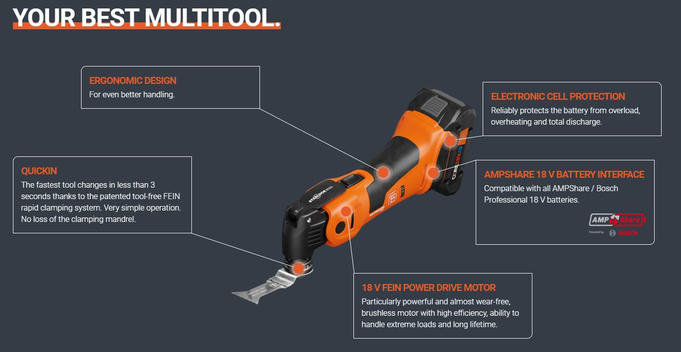 Fein Cordless MultiMaster AMM 500 Plus Top 4 Ah AS for Interior Construction and Renovation - Starlock Plus Mount, QuickIn System, Constant Speed, Metal Drive Head - 71293861090