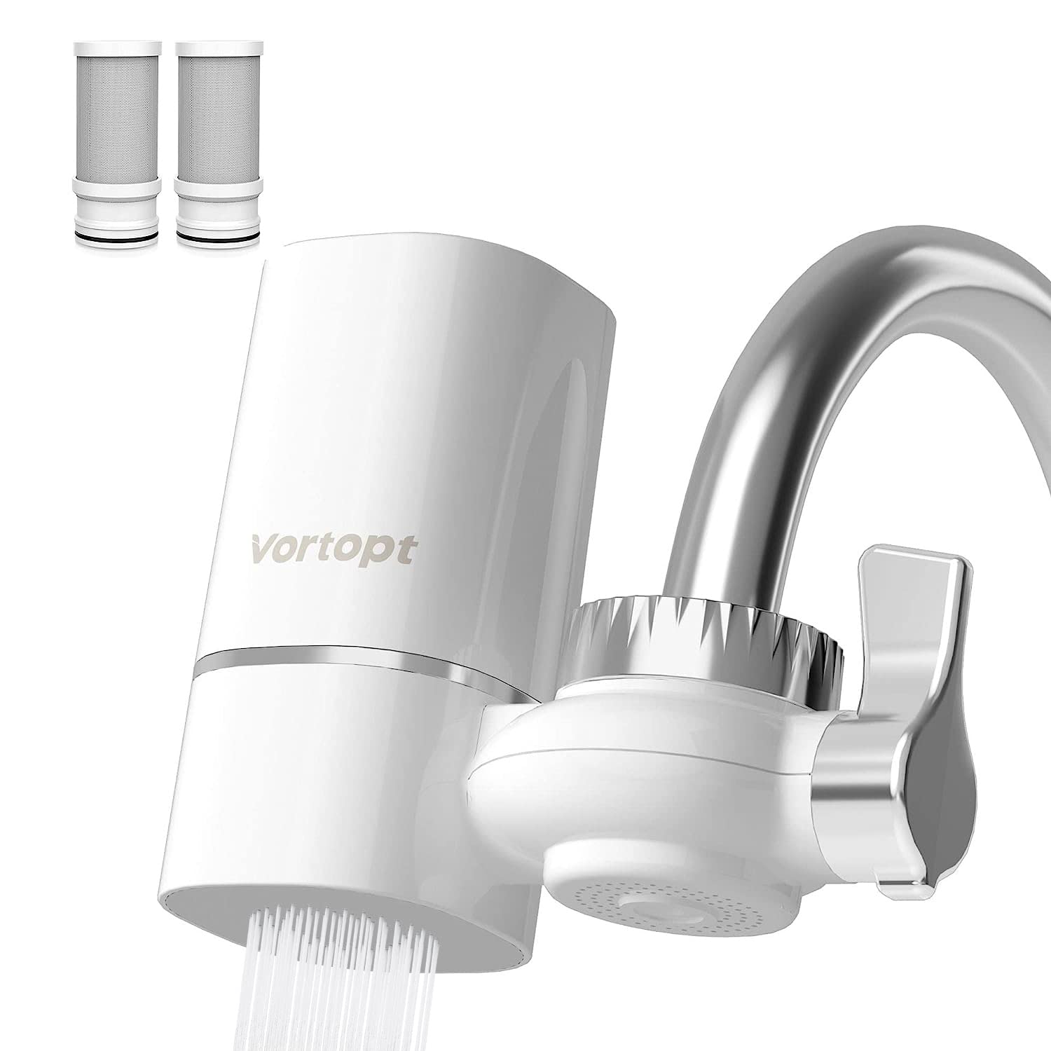 Vortopt Faucet Water Filter for Sink, Rapid Flow - 400 Gallons Faucet Mount Water Filtration System for Tap Water, NSF Certified Reduces Chlorine & Bad Taste with 2 Replacements, T1