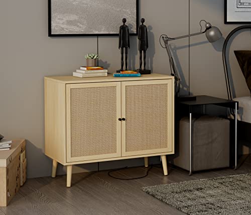 QHITTY Rattan Sideboard Buffet Cabinet, Accent Kitchen Storage Cabinet Console Table with Adjustable Shelves for Living Room, Dining Room, Bedroom (Natural)