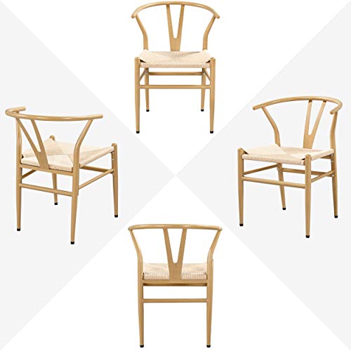 Yaheetech Set of 4 Weave Chair Mid-Century Metal Dining Chair Y-Shaped Backrest Hemp Seat, Wood Color