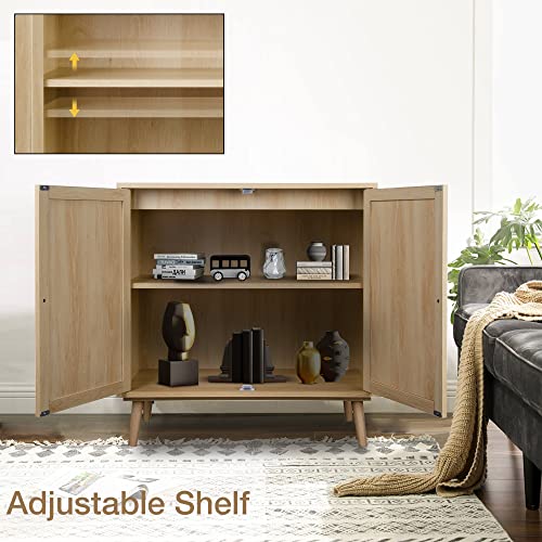 QHITTY Rattan Sideboard Buffet Cabinet, Accent Kitchen Storage Cabinet Console Table with Adjustable Shelves for Living Room, Dining Room, Bedroom (Natural)