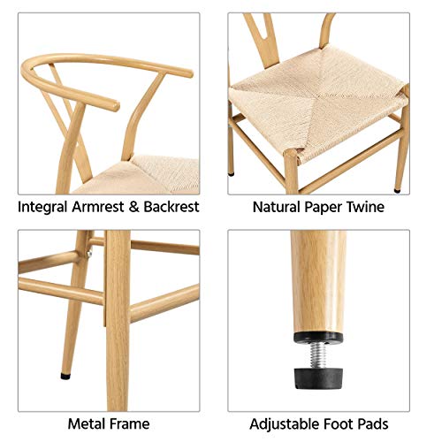 Yaheetech Set of 4 Weave Chair Mid-Century Metal Dining Chair Y-Shaped Backrest Hemp Seat, Wood Color
