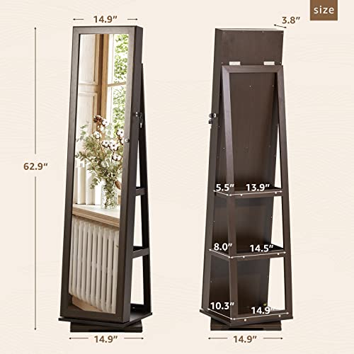SERWALL 360 Rotating Jewelry Stand Organizer - Jewelry Armoire with Full-Length Mirror- Freestanding Dressing Mirror Jewelry Cabinet Storage - Brown