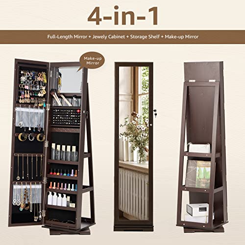 SERWALL 360 Rotating Jewelry Stand Organizer - Jewelry Armoire with Full-Length Mirror- Freestanding Dressing Mirror Jewelry Cabinet Storage - Brown
