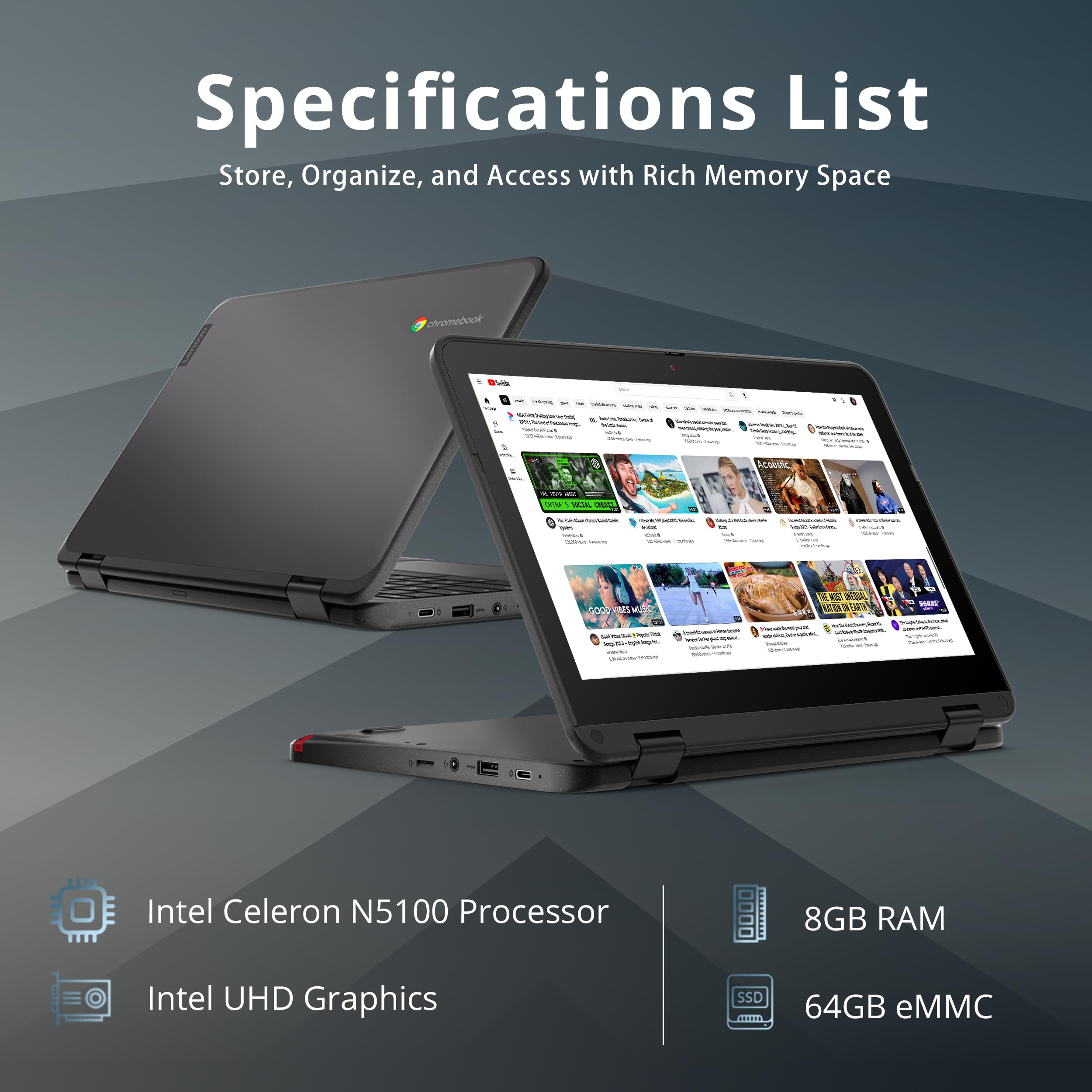 Lenovo 500e Gen 3 Touchscreen Laptop, 11.6" HD Rugged 2 in 1 Chromebook, Intel Celeron N5100, 8 GB RAM, 64 GB SSD, Gray, 32GB USB Card