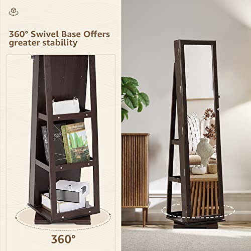 SERWALL 360 Rotating Jewelry Stand Organizer - Jewelry Armoire with Full-Length Mirror- Freestanding Dressing Mirror Jewelry Cabinet Storage - Brown