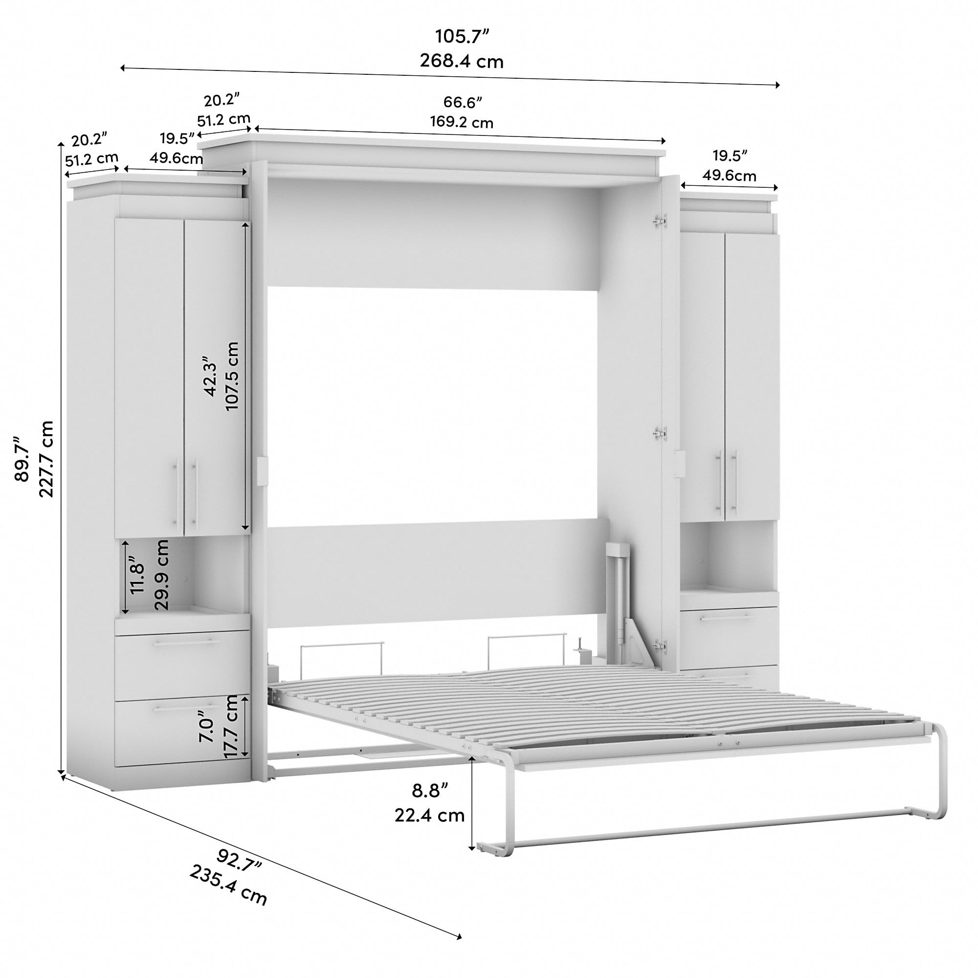 Bestar Orion Queen Murphy Bed with Storage Cabinets and Pull-Out Shelf (106W) in Bark Grey and Graphite, Sleeping Arrangement with Shelves