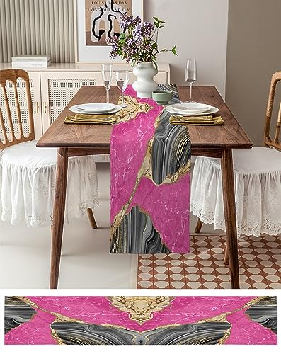Pink Grey Marble Table Runner 36 Inches Long Farmhouse Dress Scarves, Modern Abstract Art Yellow Lines Dining Tablerunner for Coffee Table/Kitchen Island/Party Décor, Small 13" x 36"