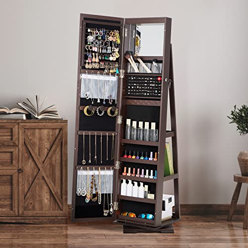 SERWALL 360 Rotating Jewelry Stand Organizer - Jewelry Armoire with Full-Length Mirror- Freestanding Dressing Mirror Jewelry Cabinet Storage - Brown