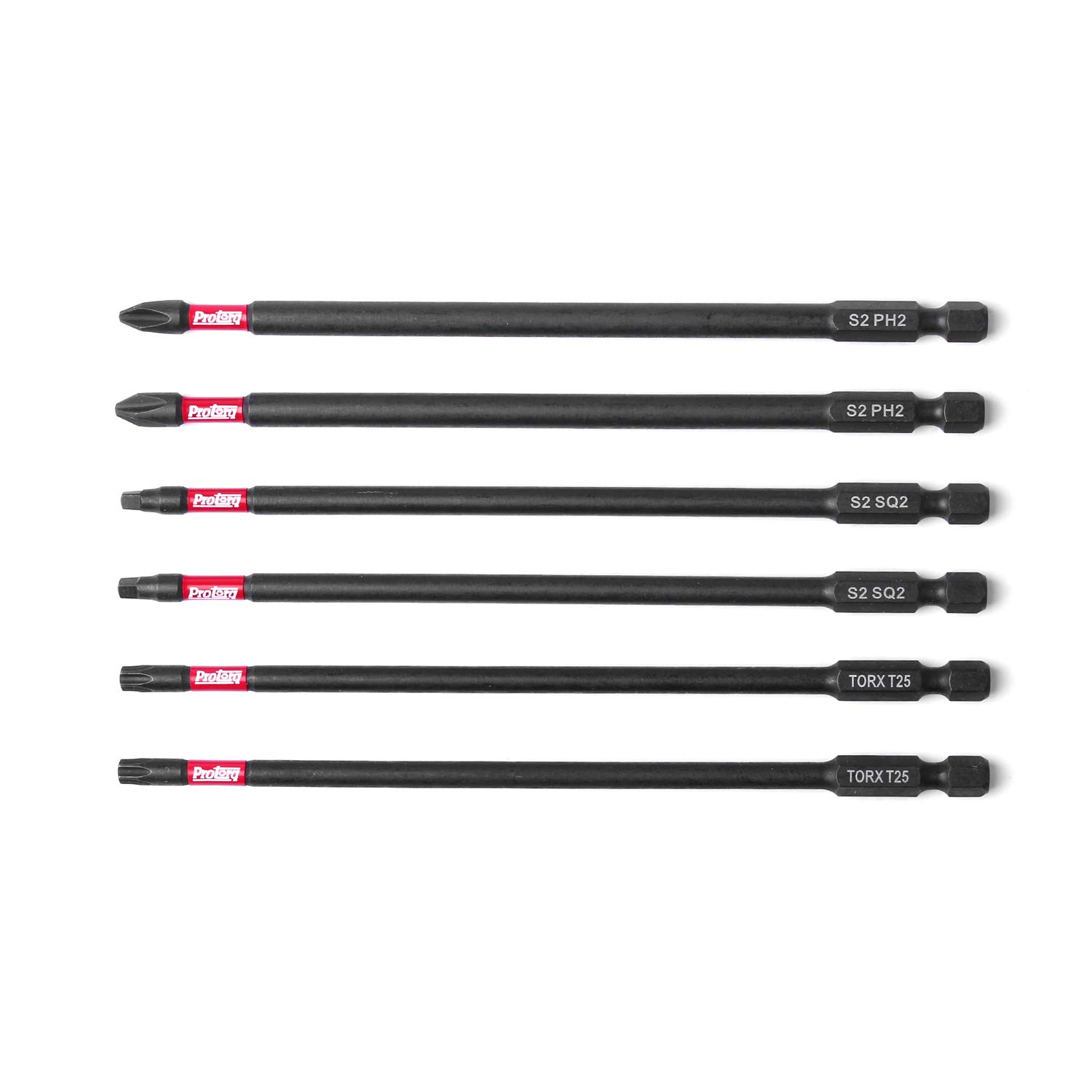 Protorq Long Impact Bit Set W/clip, 2 Phillips, 2 Square, T25 TORX, 6-Inch Length, 6-Piece,Industrial Strength, 1/4" Hex Shank
