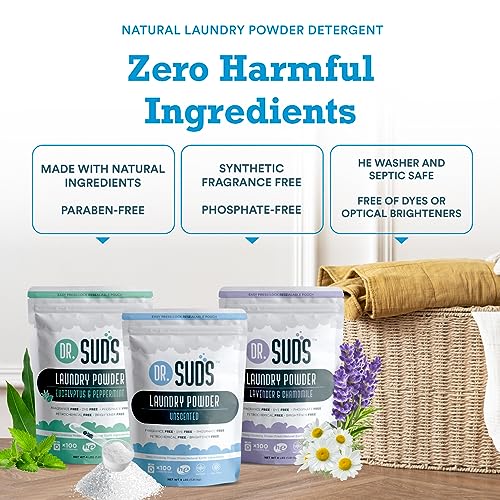 Dr Suds Laundry Powder Variety Bundle 3 Pack 192 Ounces Total Three 64 Oz Pouches Scented with Lavender and Eucalyptus Plus Unscented Variant Made in USA