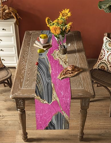 Pink Grey Marble Table Runner 36 Inches Long Farmhouse Dress Scarves, Modern Abstract Art Yellow Lines Dining Tablerunner for Coffee Table/Kitchen Island/Party Décor, Small 13" x 36"