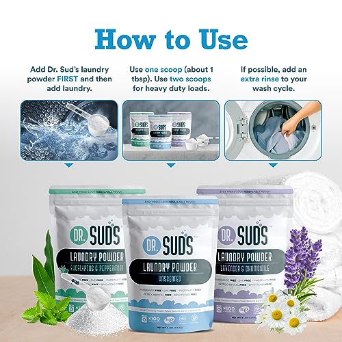 Dr Suds Laundry Powder Variety Bundle 3 Pack 192 Ounces Total Three 64 Oz Pouches Scented with Lavender and Eucalyptus Plus Unscented Variant Made in USA